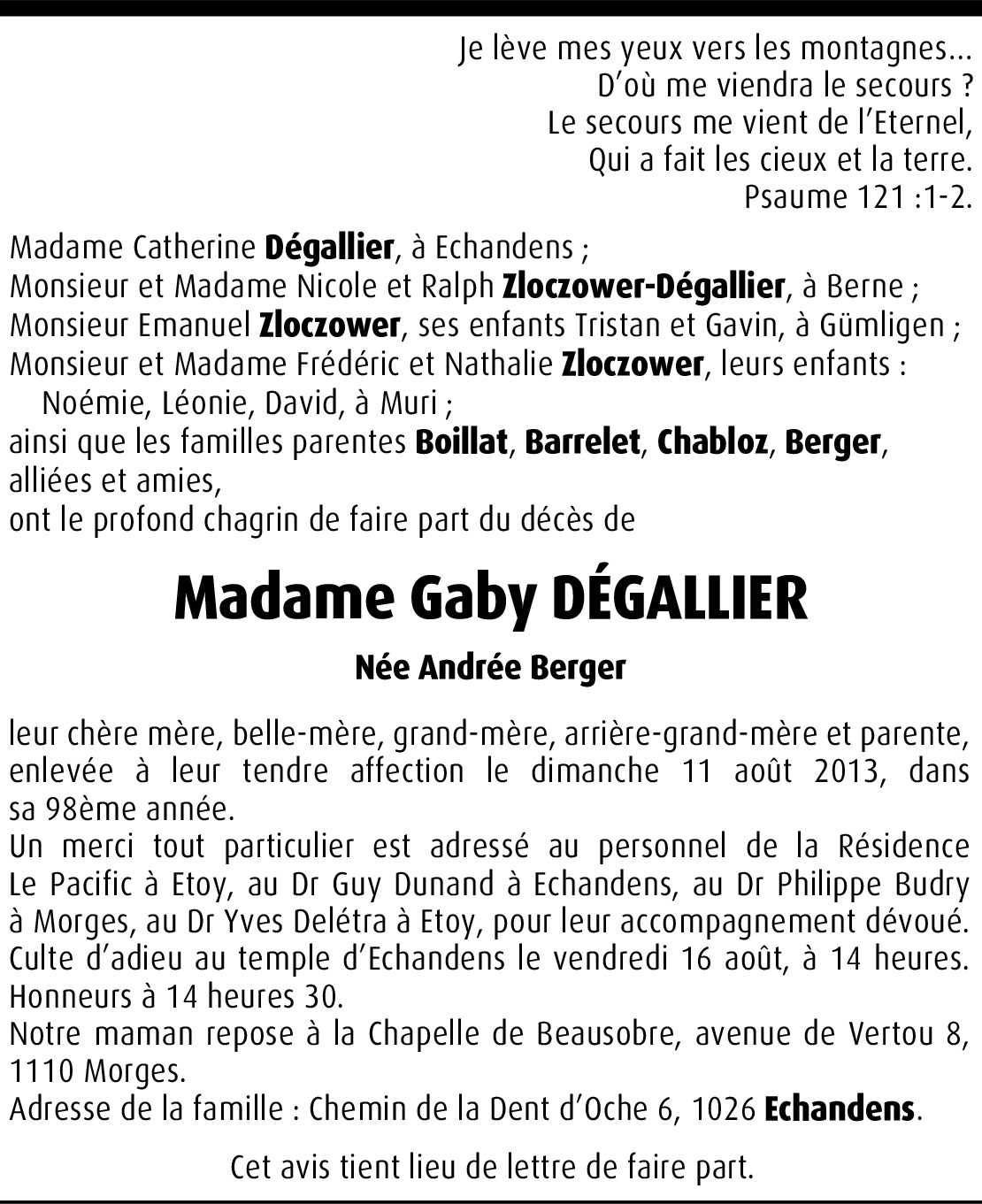 Gaby Andrée Dégallier Berger | Hommages