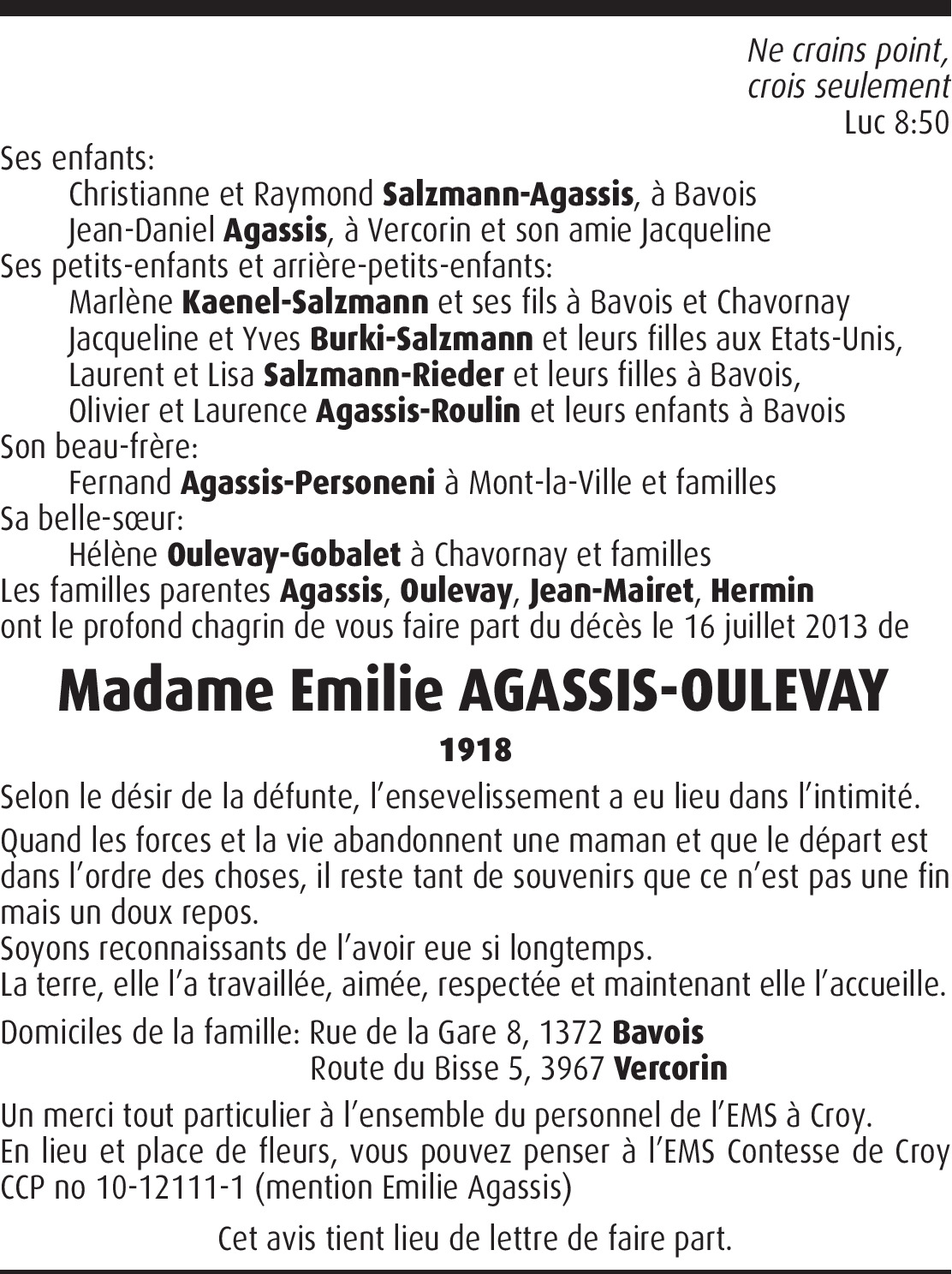 Emilie Agassis-Oulevay | Hommages