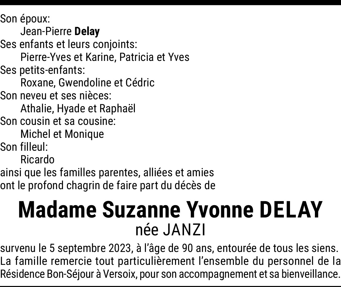 Suzanne Yvonne Delay Janzi | Hommages