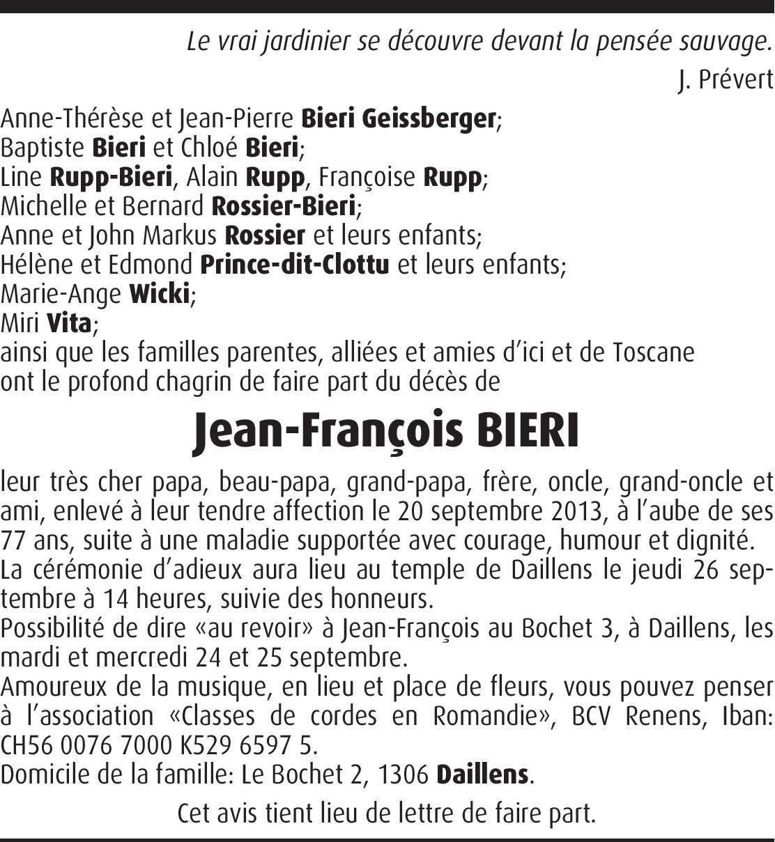 Jean-François Bieri | Hommages
