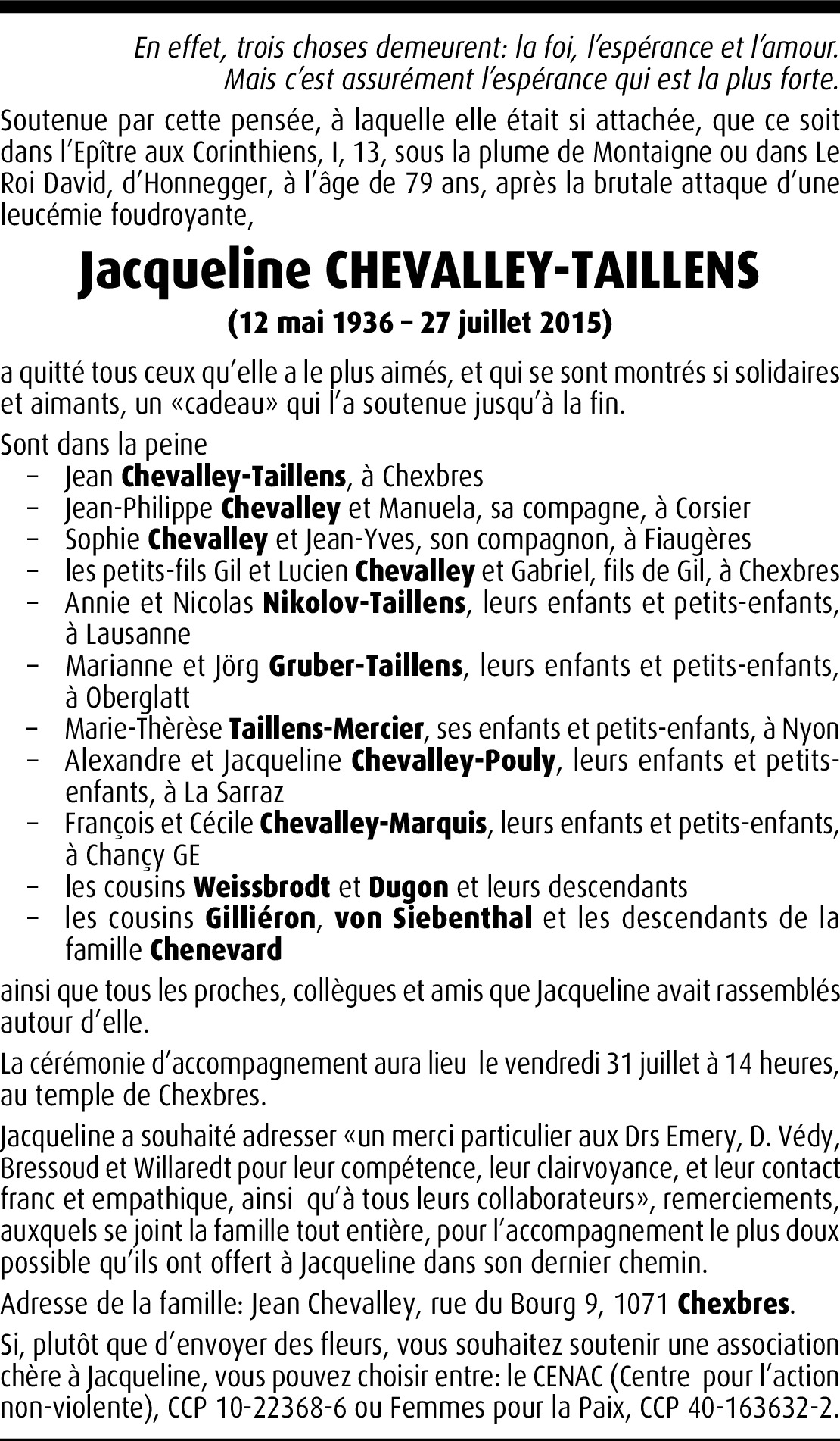 Jacqueline Chevalley-Taillens | Hommages