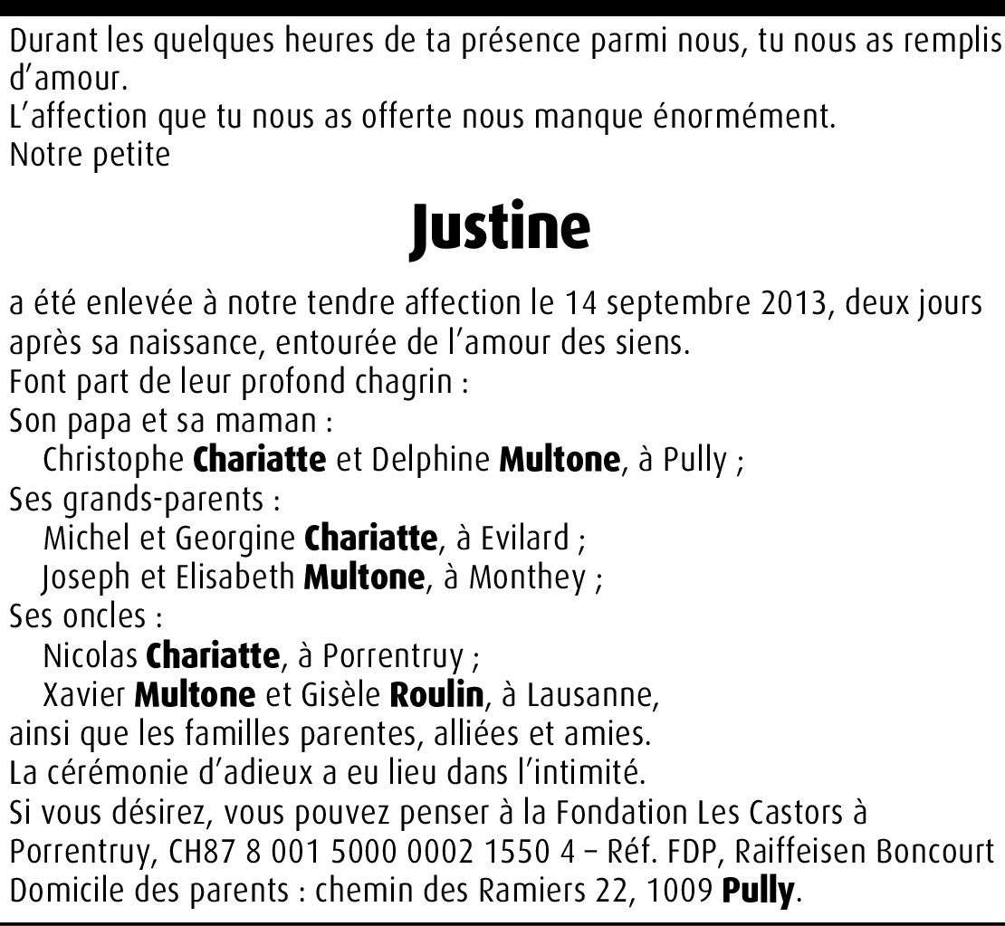 Justine Chariatte Multone | Hommages