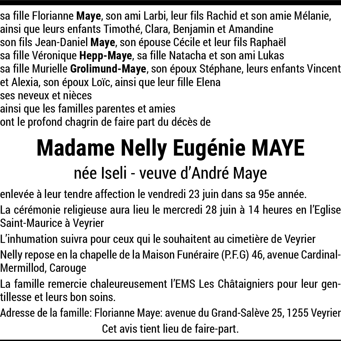 Nelly Eugénie Maye Iseli | Hommages