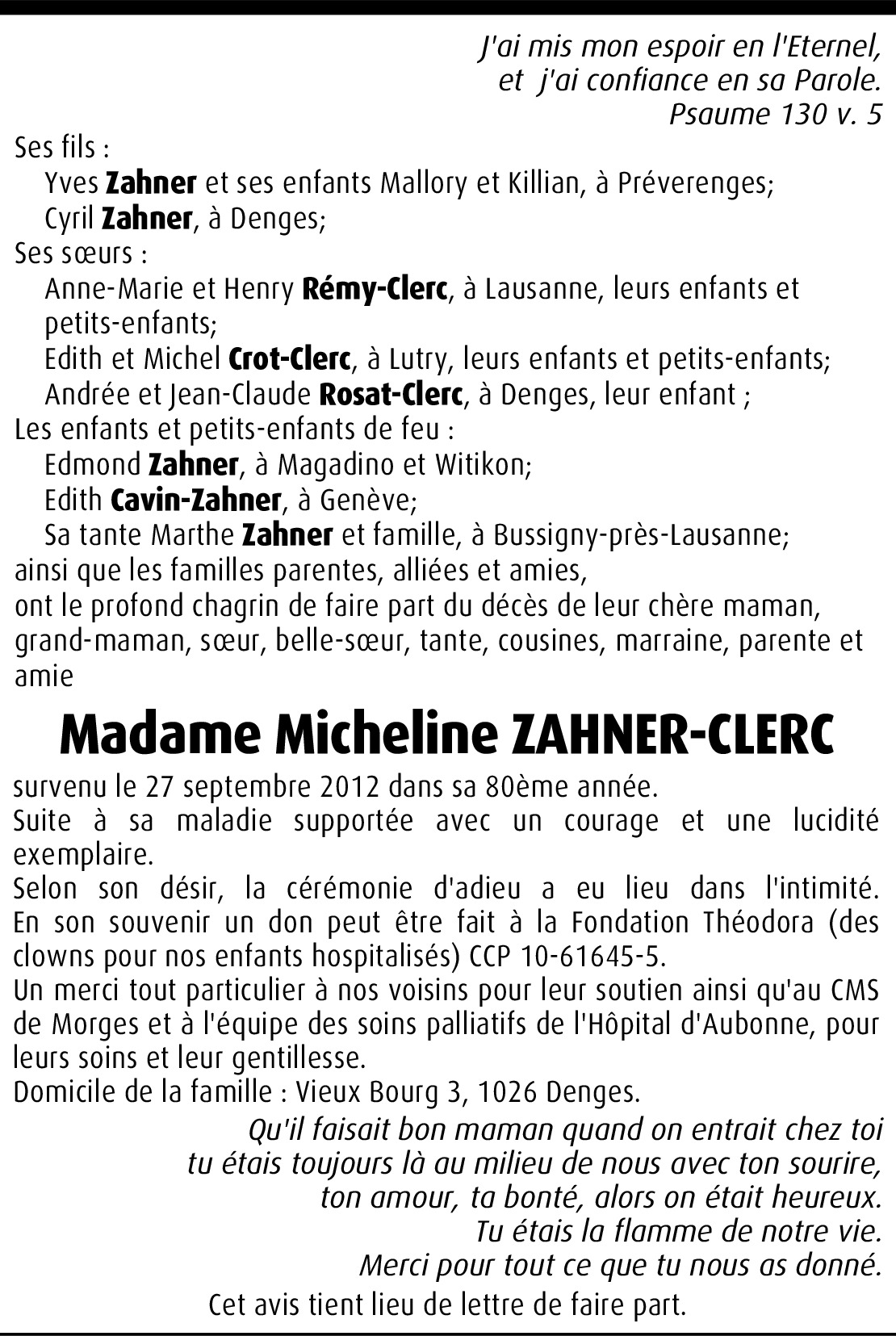 Micheline Zahner-Clerc | Hommages