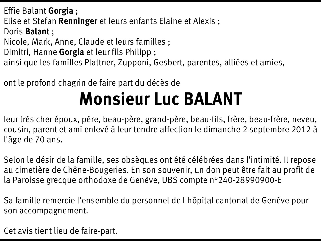 Luc Balant | Hommages