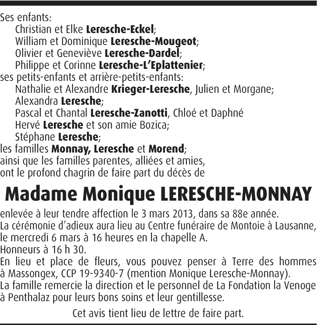 Monique Leresche-Monnay | Hommages