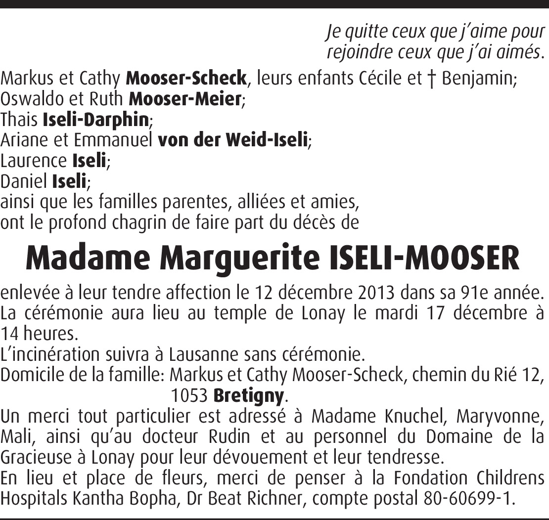 Marguerite Iseli-Mooser | Hommages