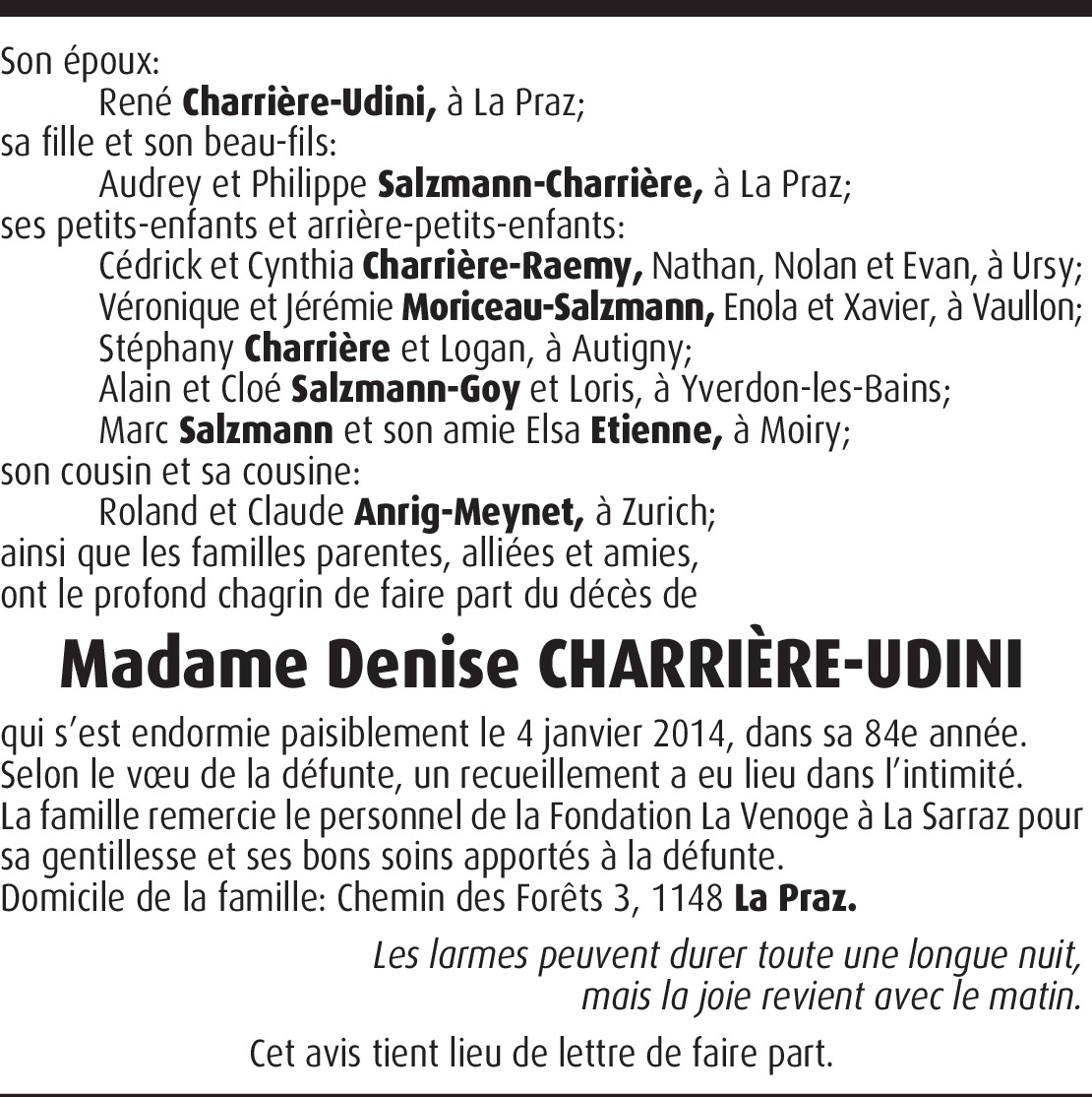Denise Charrière-Udini | Hommages