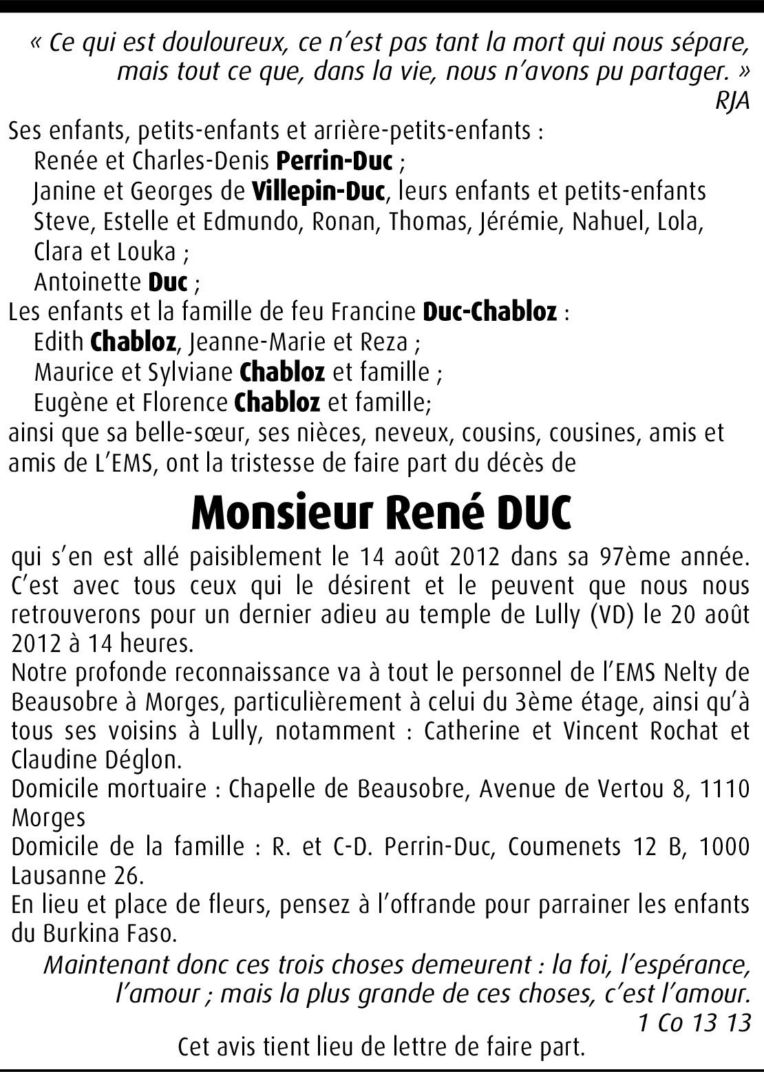 René Duc | Hommages