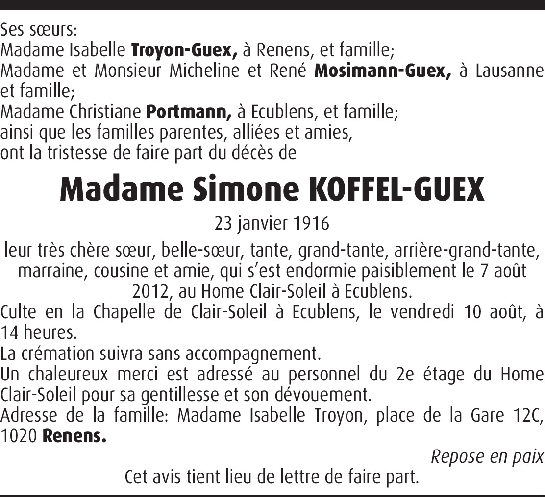 Simone Koffel-Guex | Hommages
