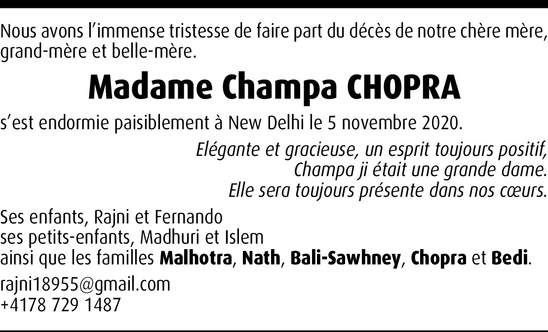 Champa Chopra | Hommages