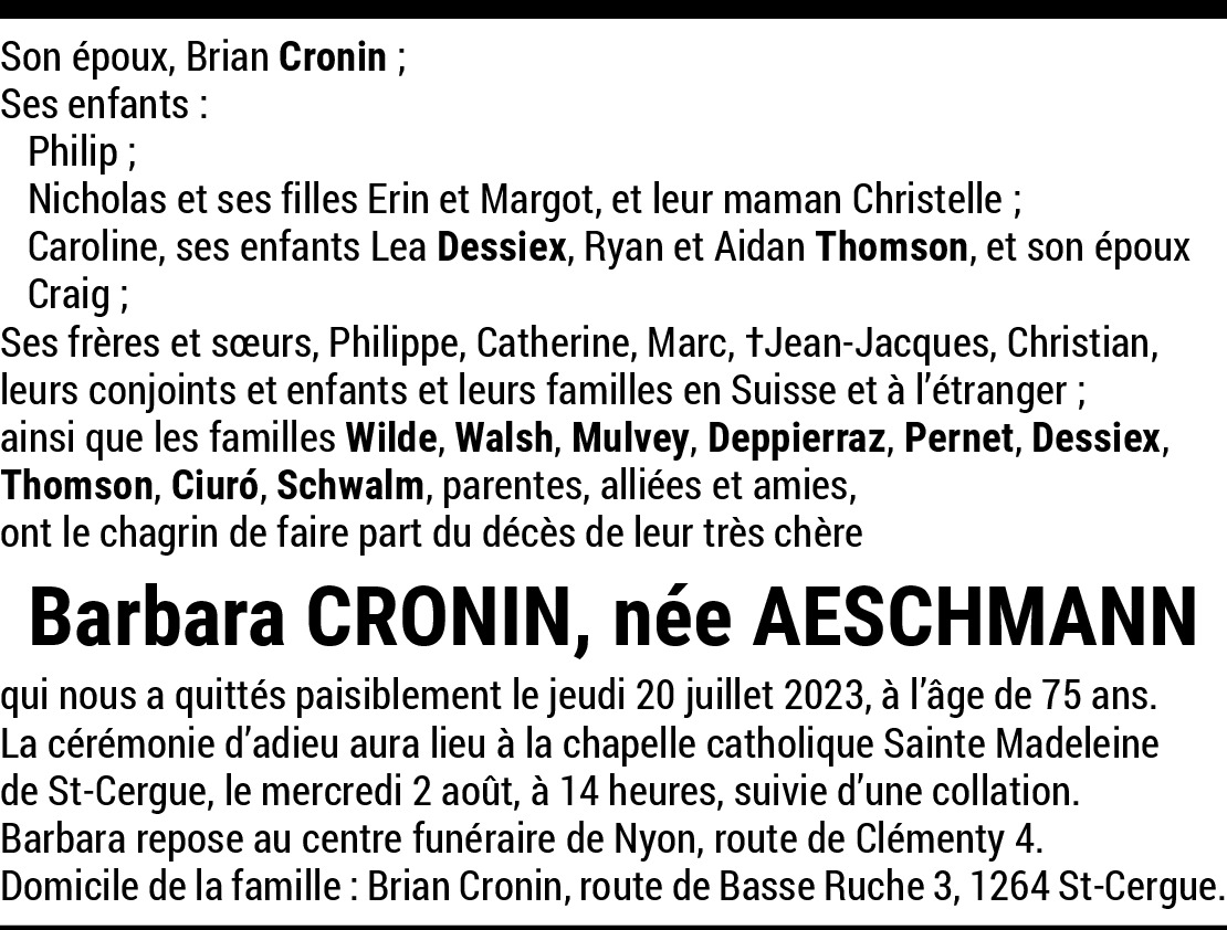 Barbara Cronin Aeschmann | Hommages