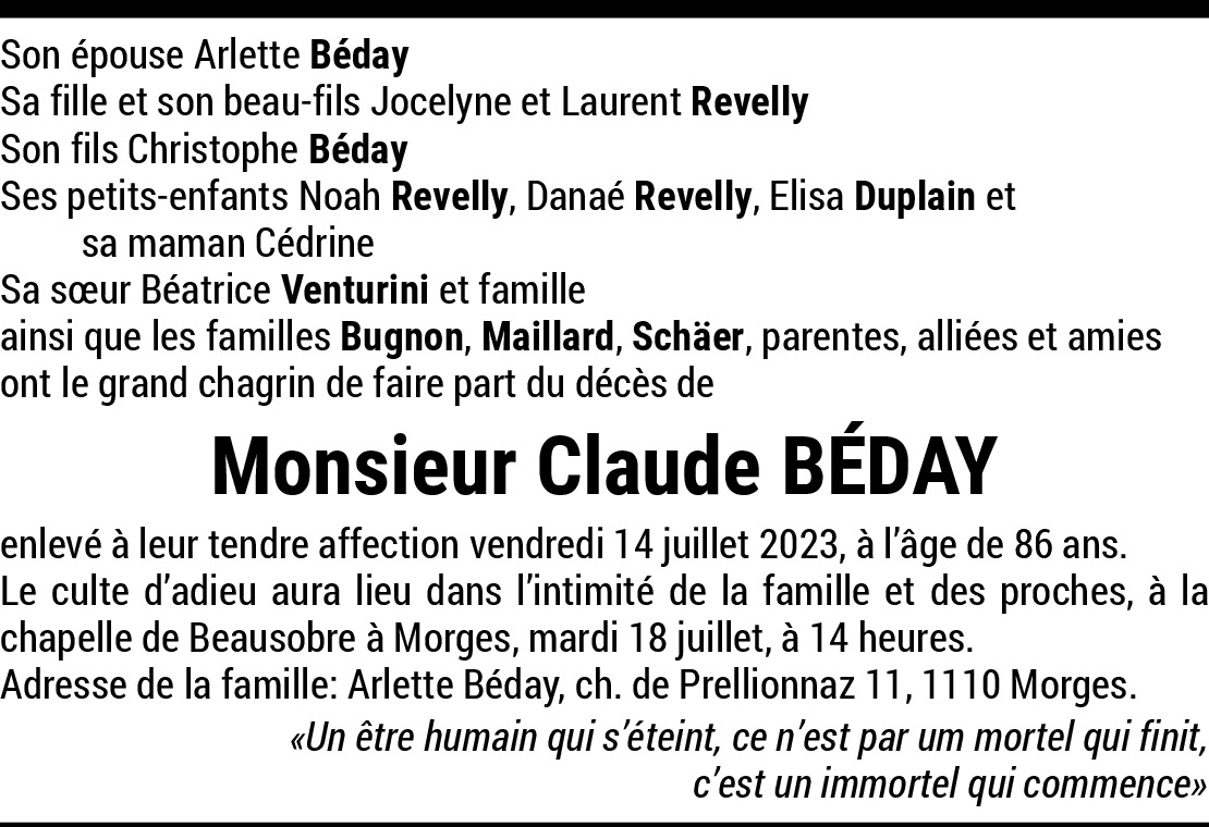 Claude Béday | Hommages