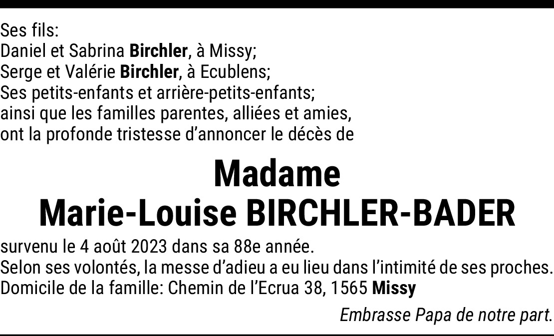 Marie-Louise Birchler-Bader | Hommages