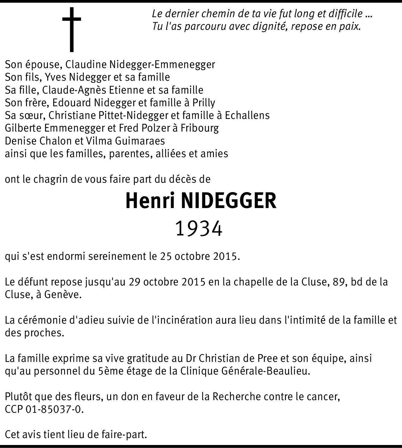 Henri Nidegger | Hommages