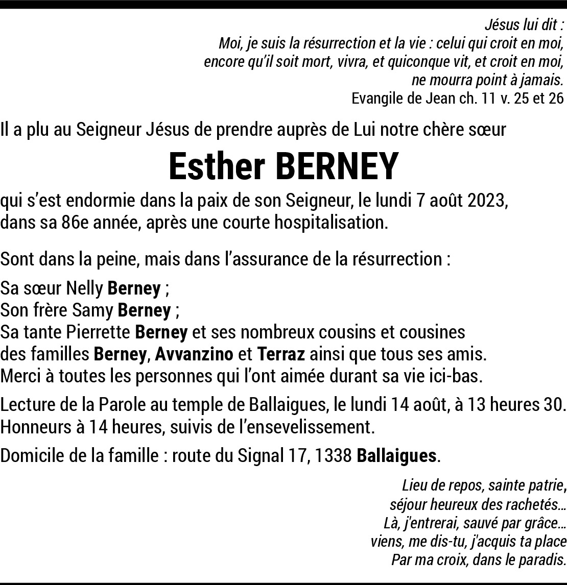 Esther Berney | Hommages