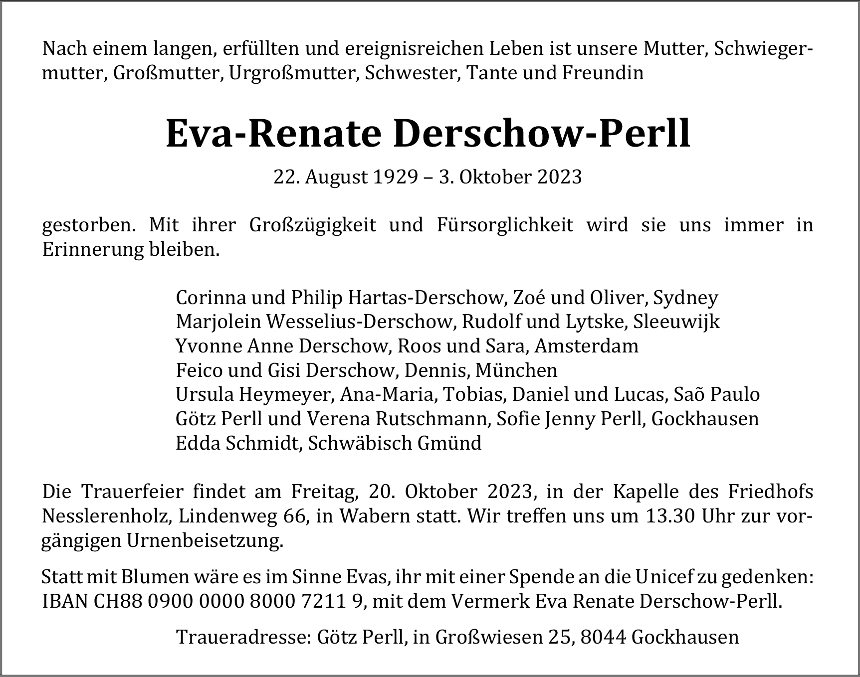 Eva-Renate Derschow-Perll | Hommages