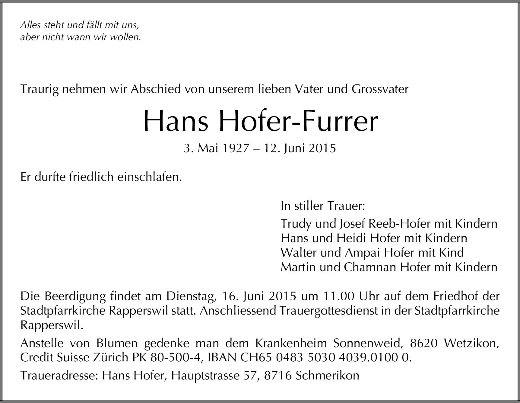 Hans Hofer-Furrer | Hommages