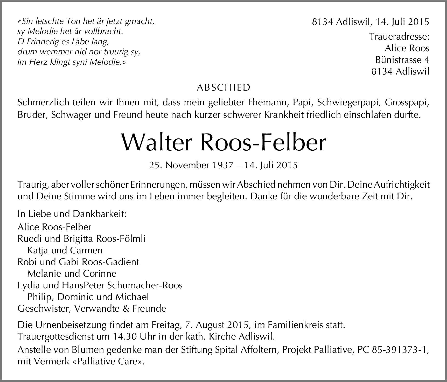 Walter Roos-Felber | Hommages