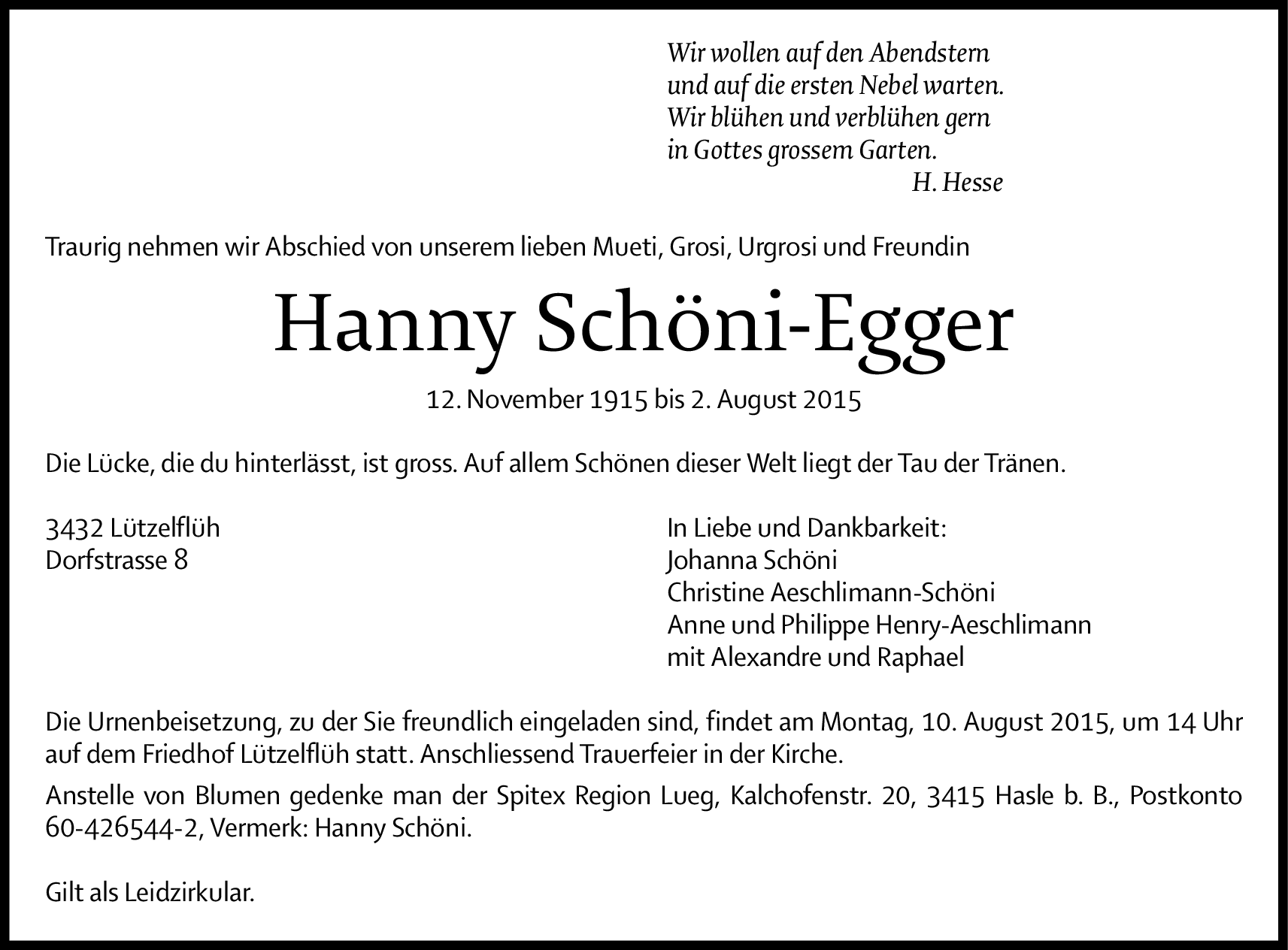 Hanny Schöni-Egger | Hommages