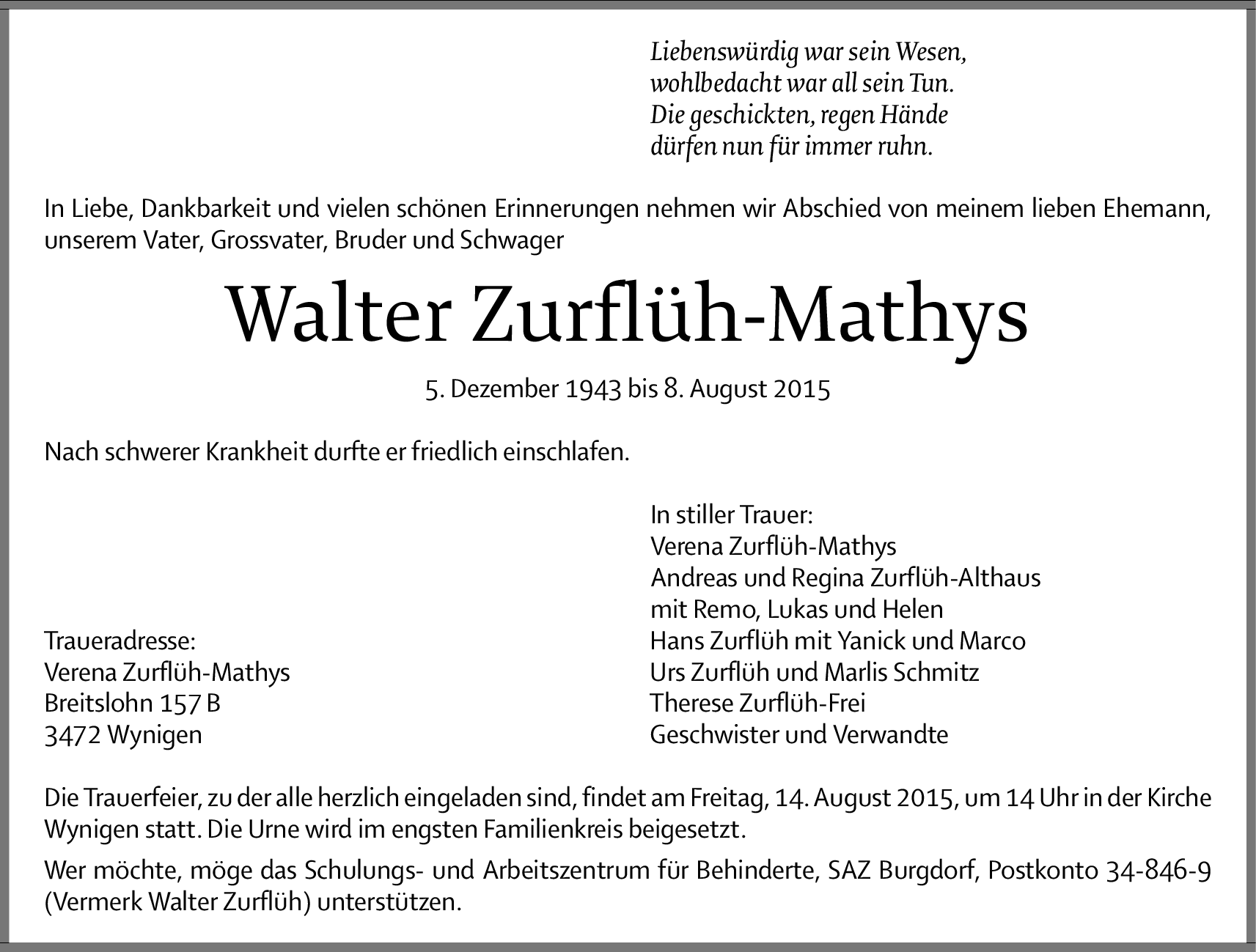 Walter Zurflüh-Mathys | Hommages