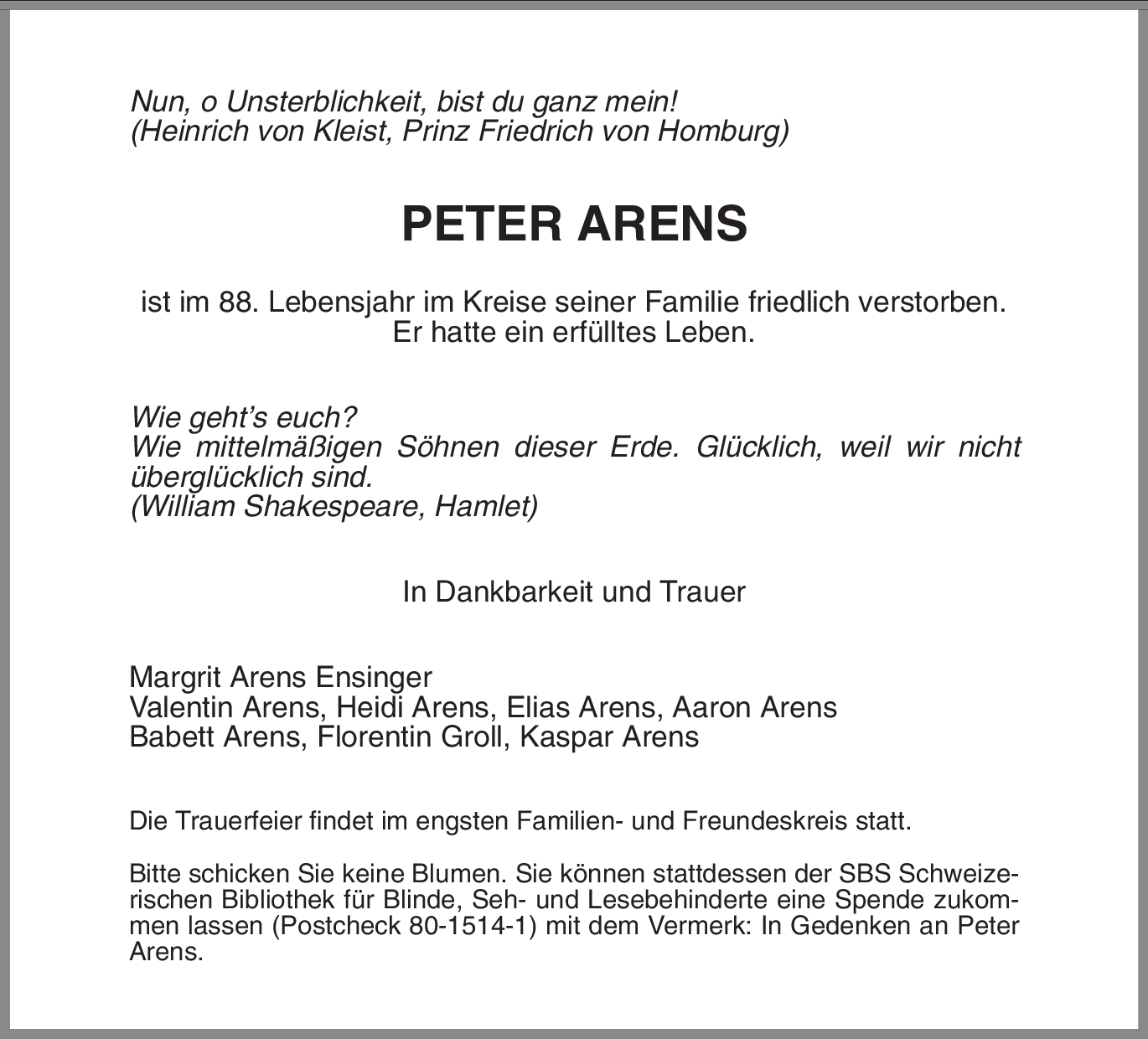 Peter Arens | Hommages