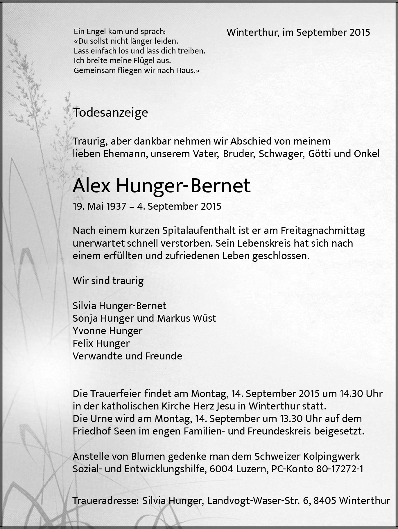 Alex Hunger-Bernet | Hommages