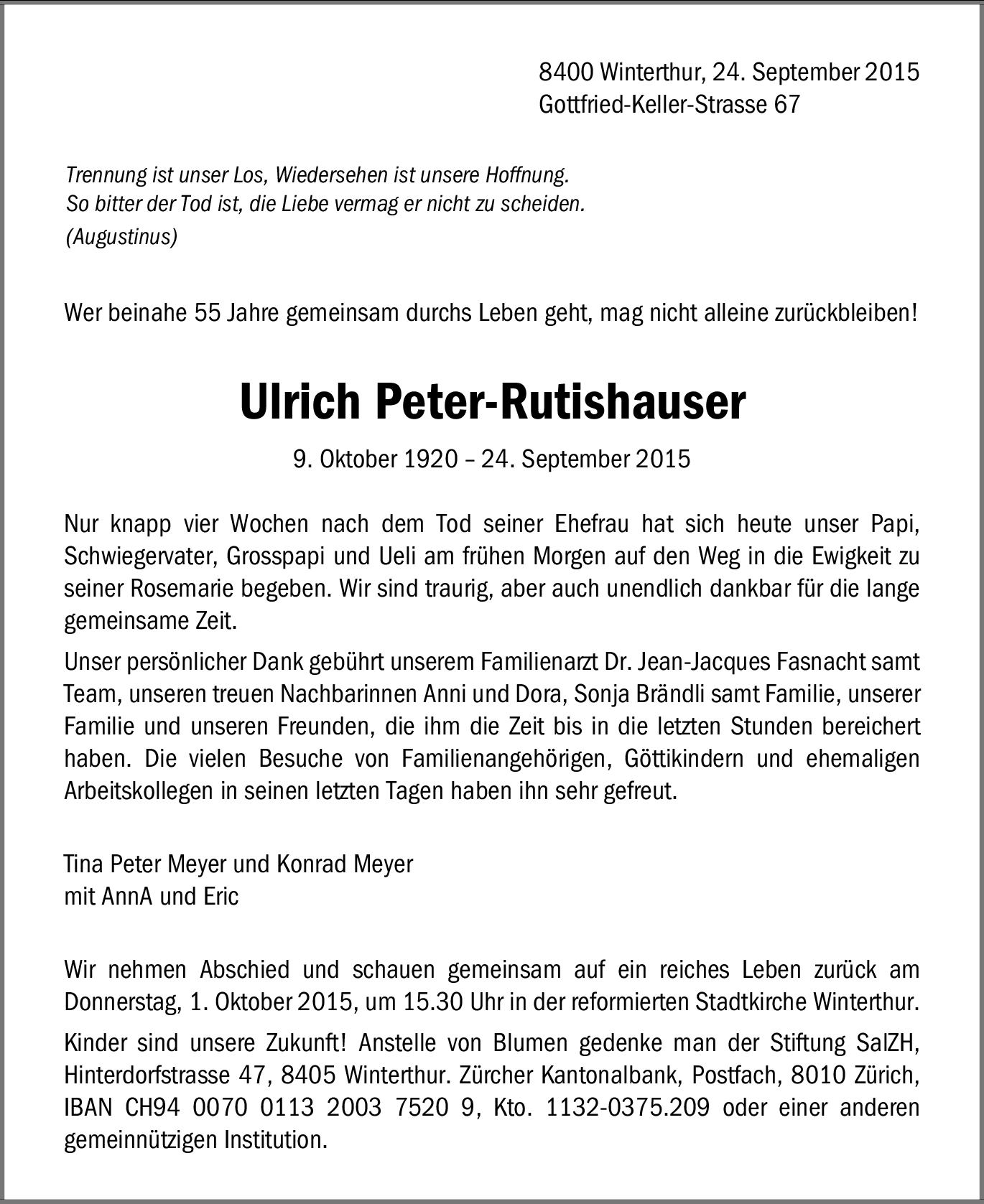 Ulrich Peter-Rutishauser | Hommages