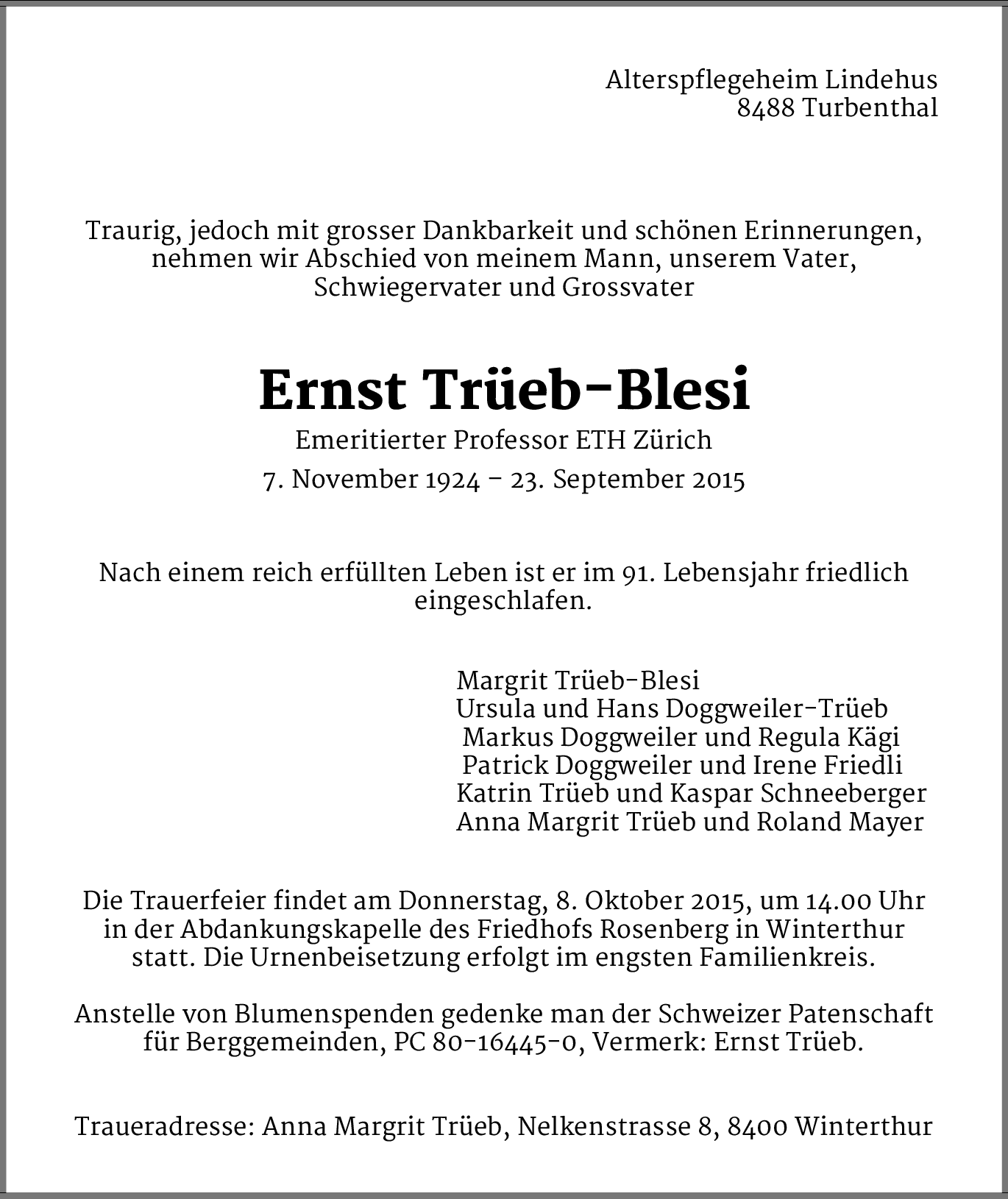 Ernst Trüeb-Blesi | Hommages