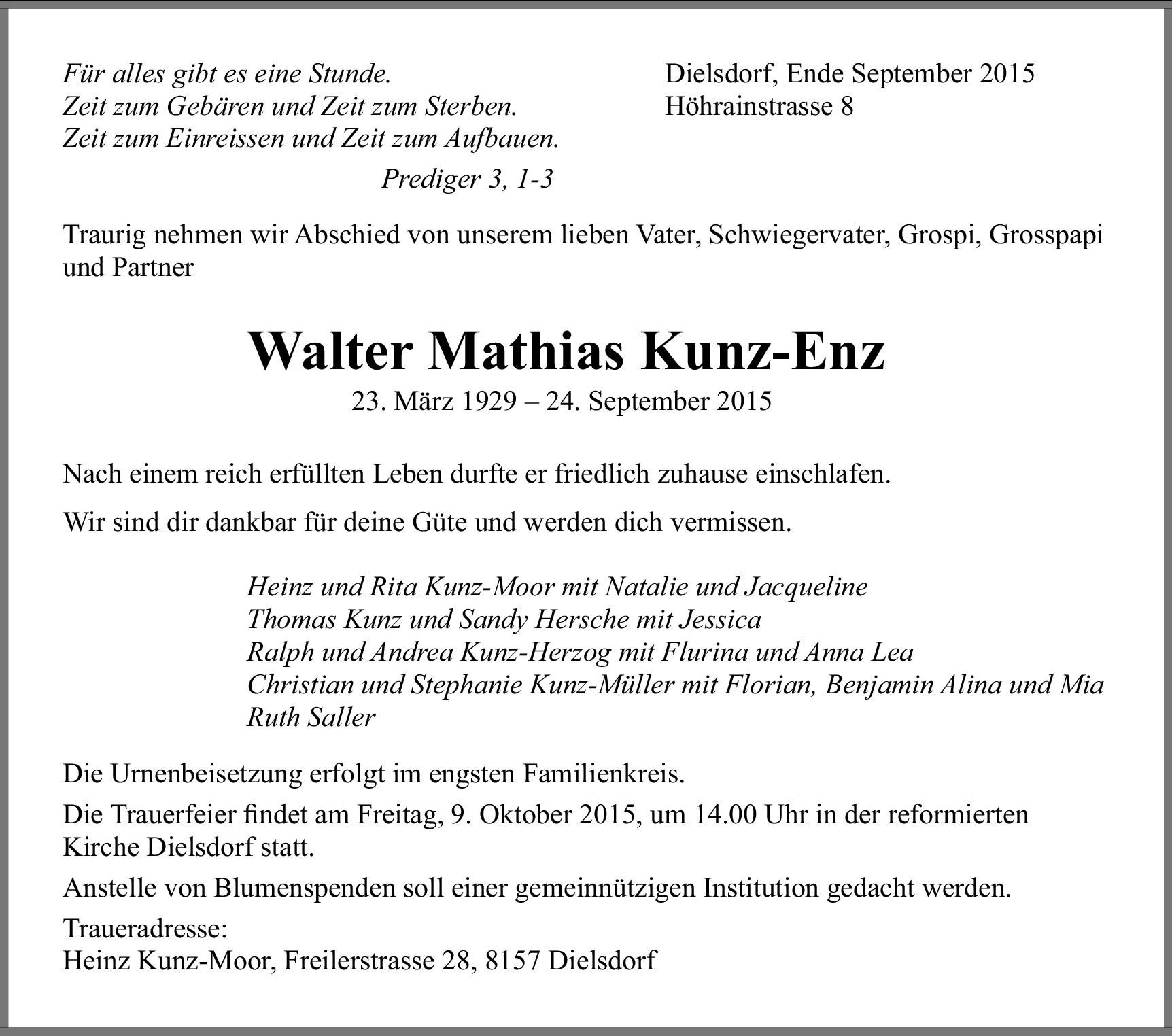 Walter Mathias Kunz-Enz | Hommages