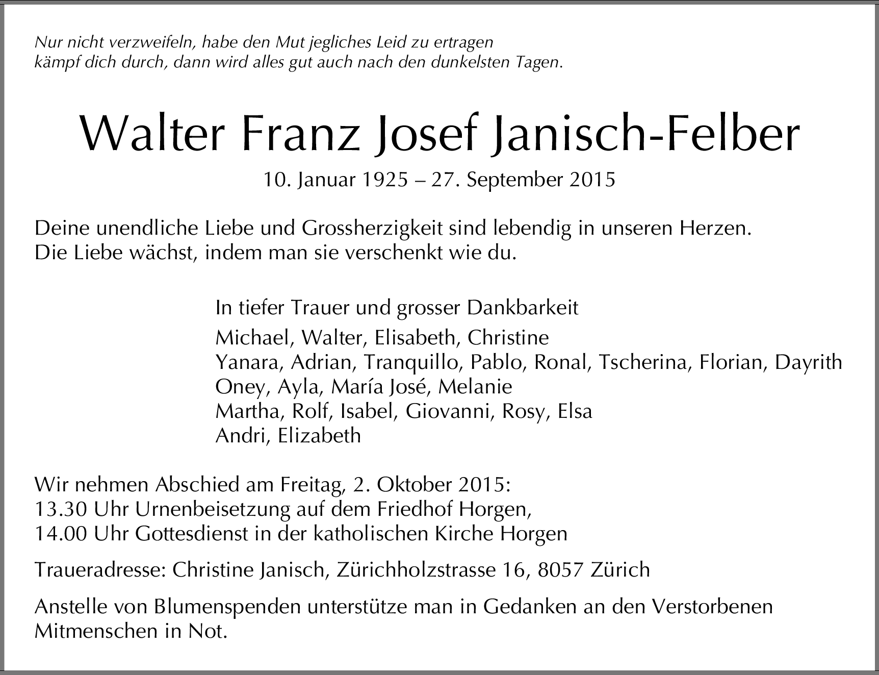 Walter Franz Josef Janisch-Felber | Hommages
