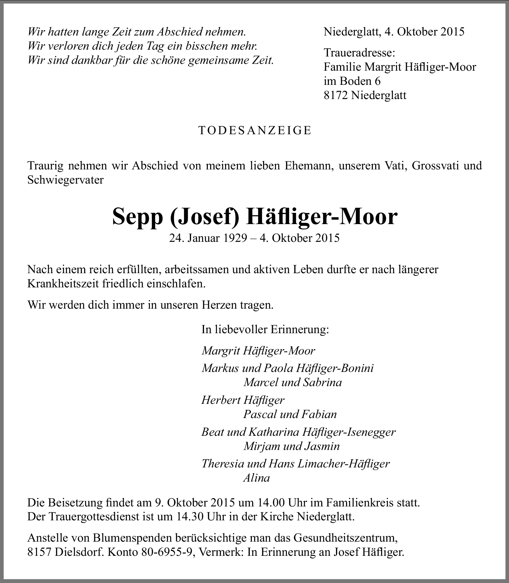 Sepp Häfliger-Moor | Hommages