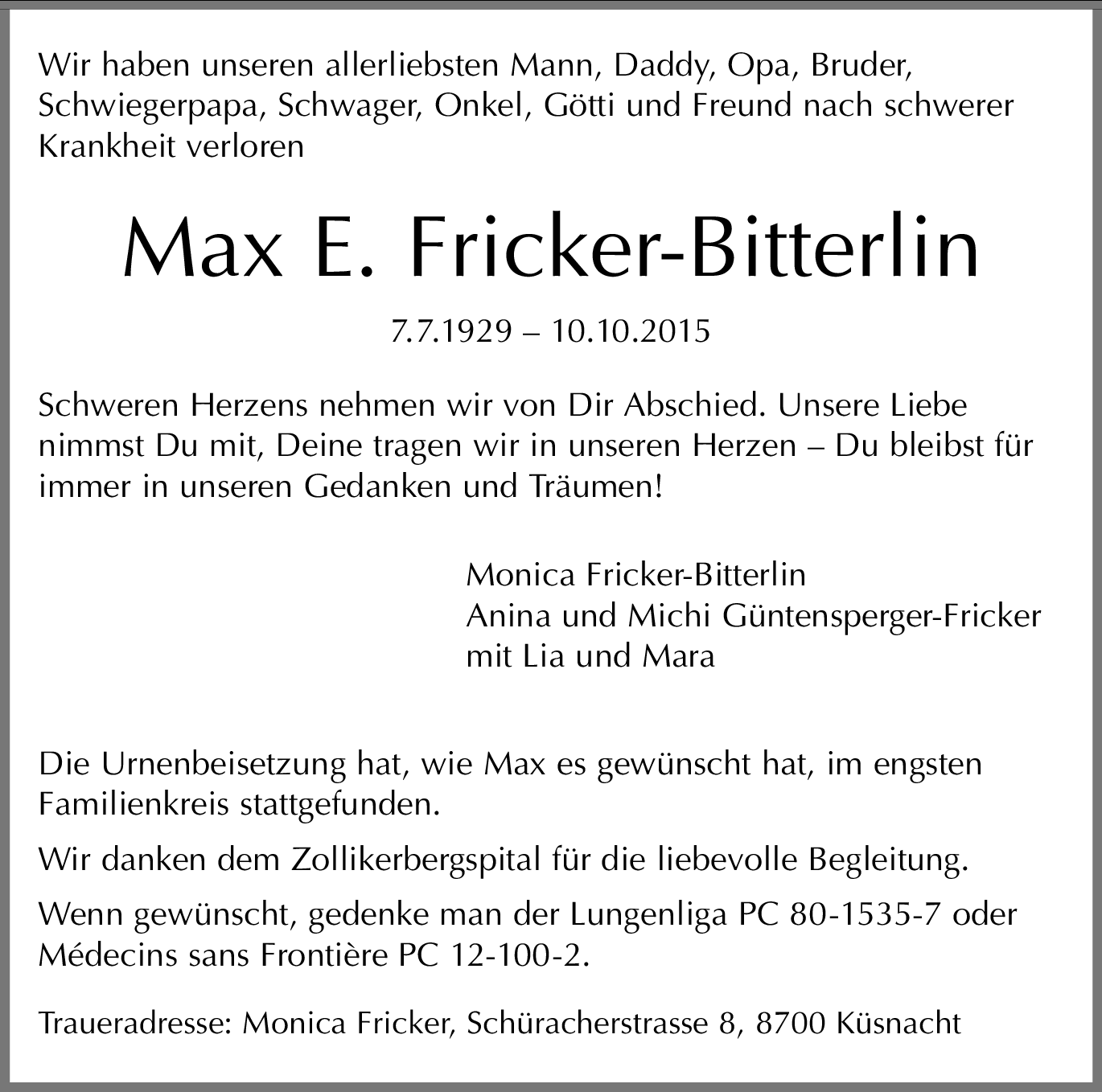 Max E. Fricker-Bitterlin | Hommages