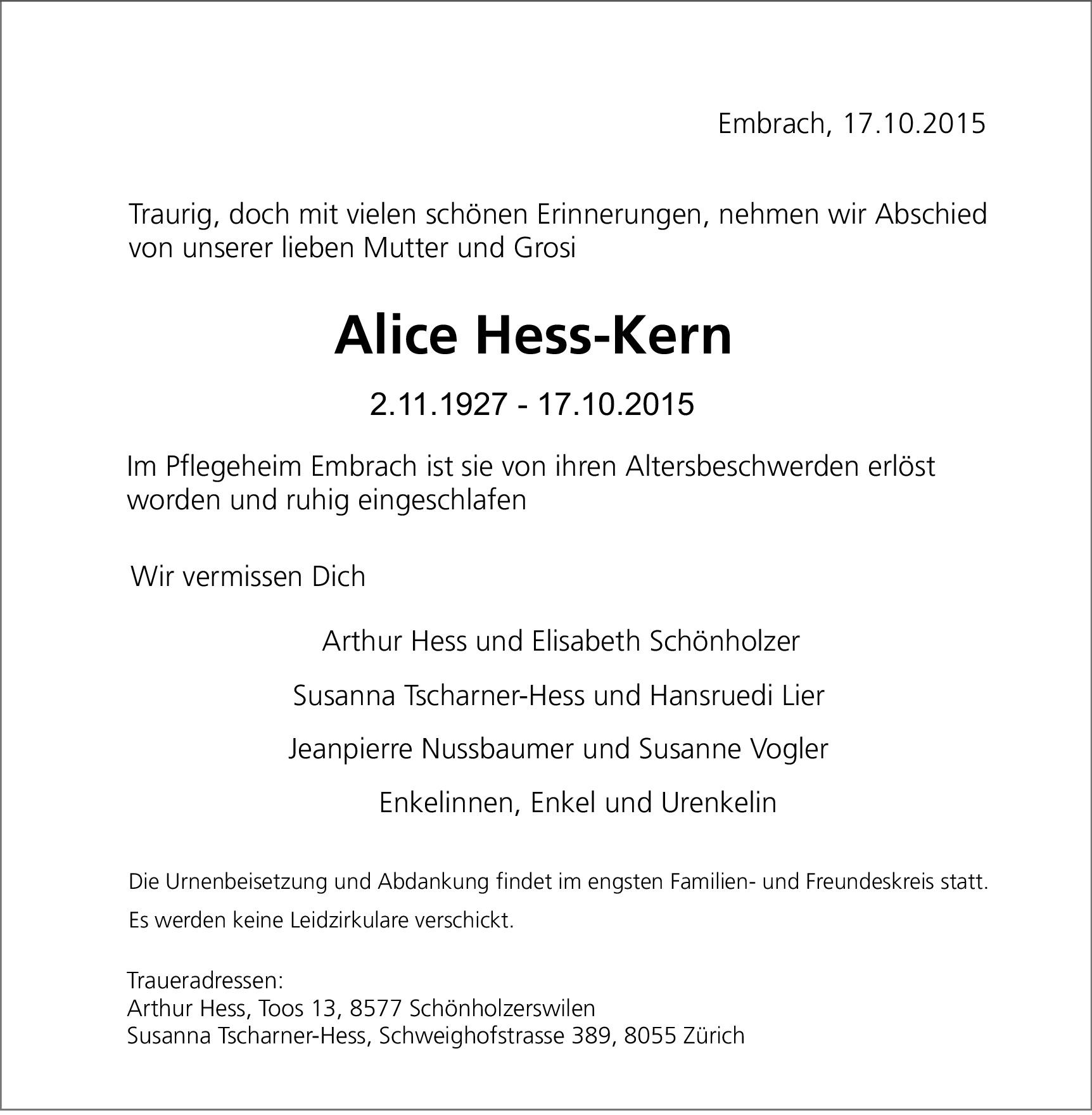 Alice Hess-Kern | Hommages
