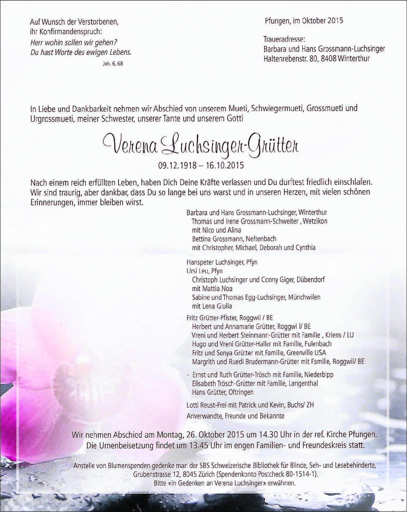 Verena Luchsinger-Grütter | Hommages