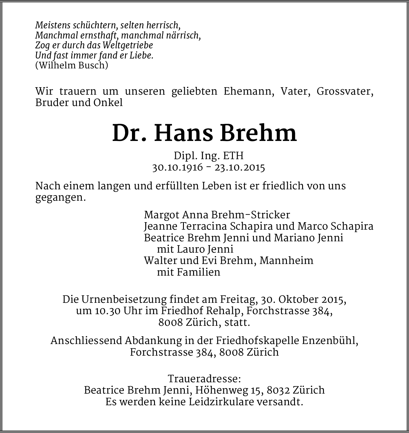 Hans Brehm | Hommages