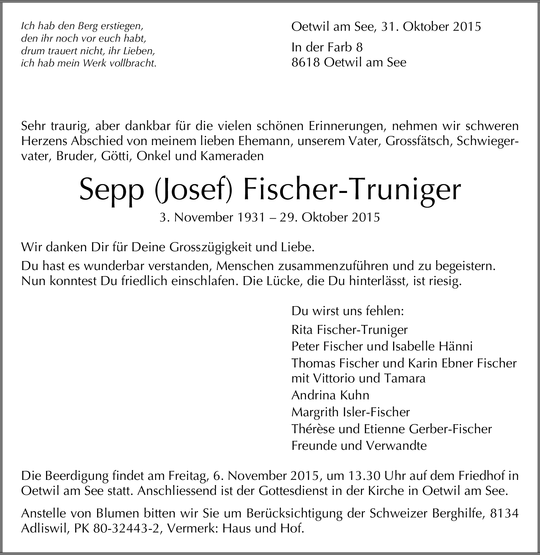 Sepp (Josef) Fischer-Truniger | Hommages