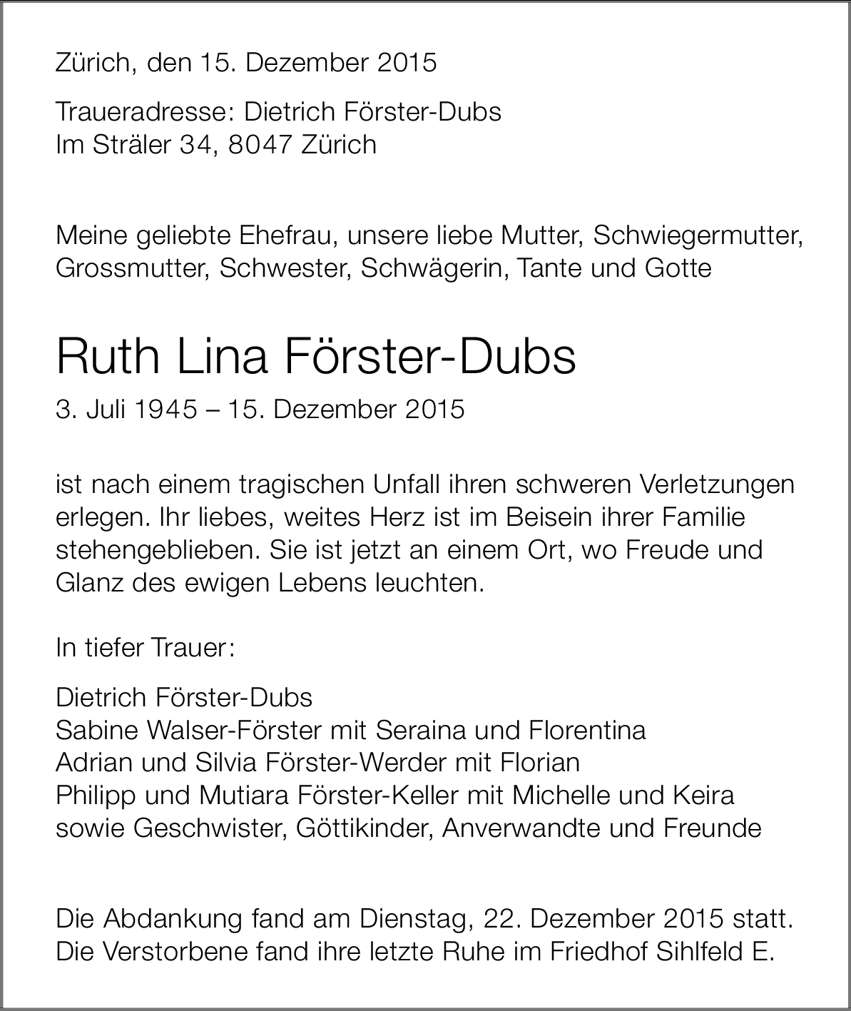 Ruth Lina Förster-Dubs | Hommages