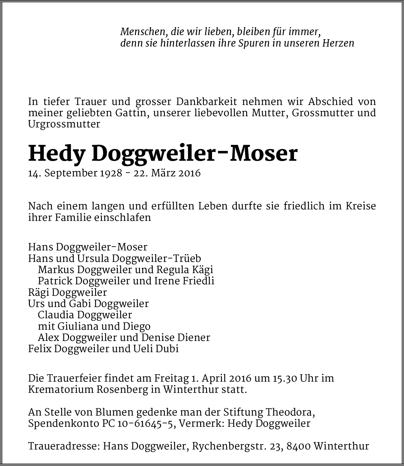 Hedy Doggweiler-Moser | Hommages