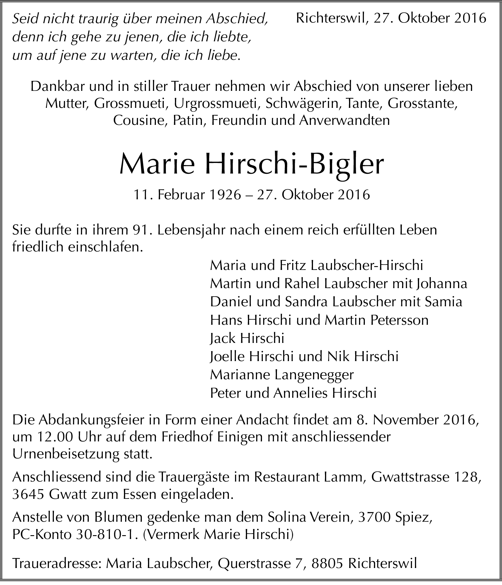 Marie Hirschi-Bigler | Hommages