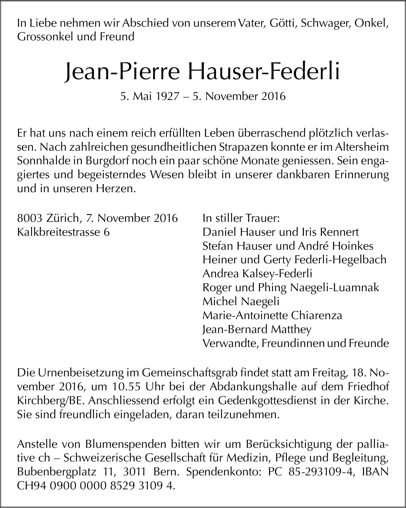 Jean-Pierre Hauser-Federli | Hommages