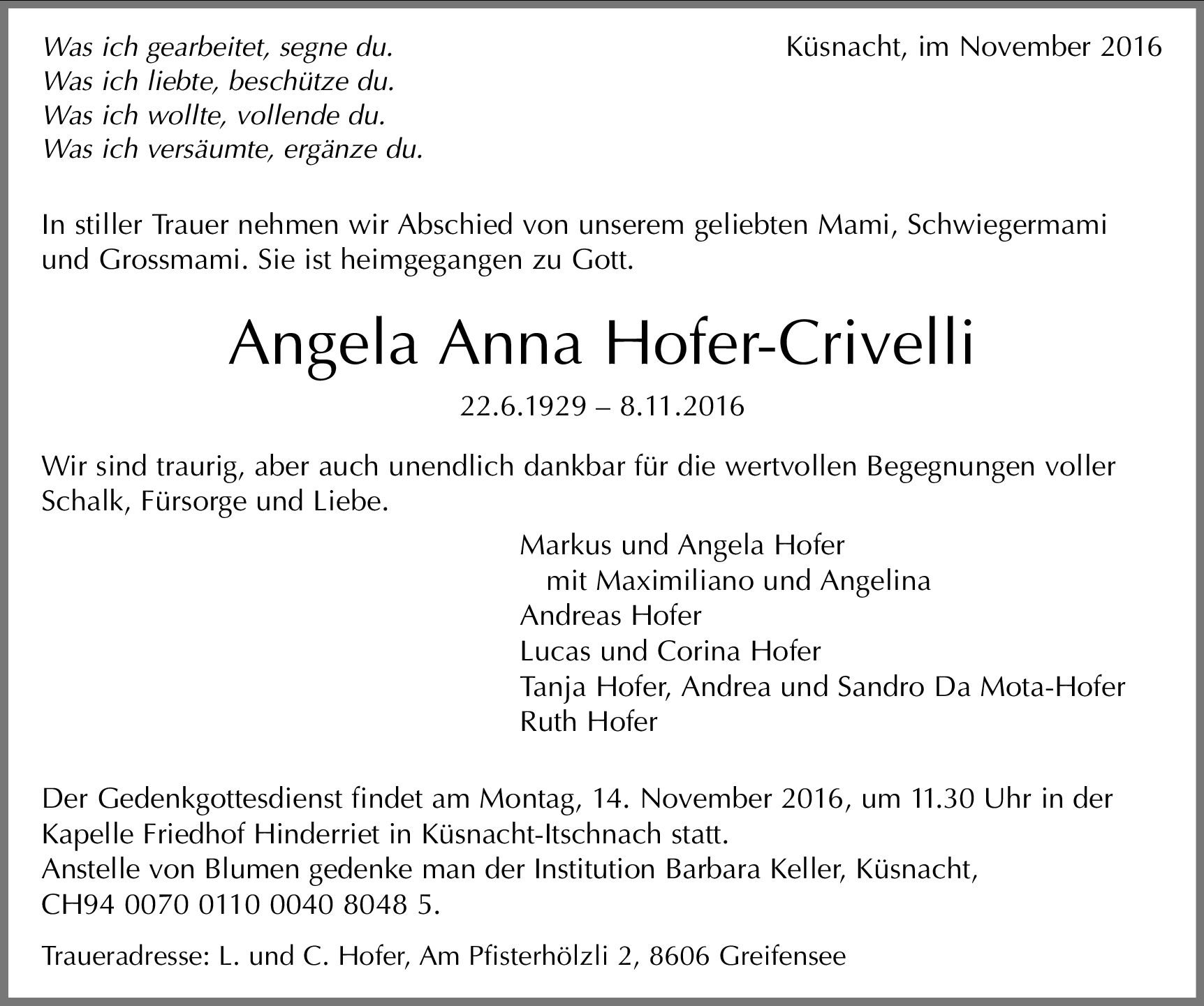 Angela Anna Hofer-Crivelli | Hommages