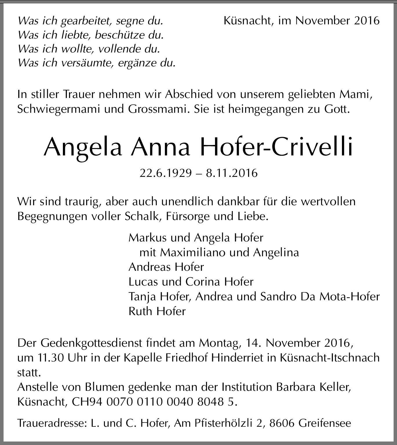 Angela Anna Hofer-Crivelli | Hommages