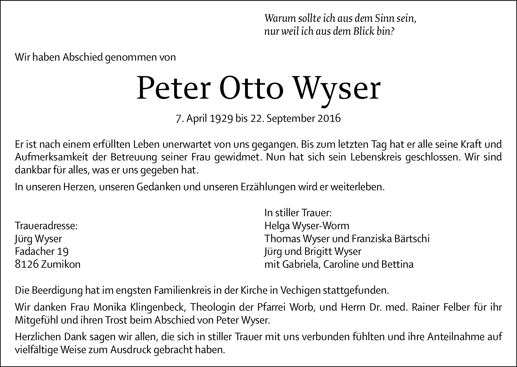 Peter Otto Wyser | Hommages