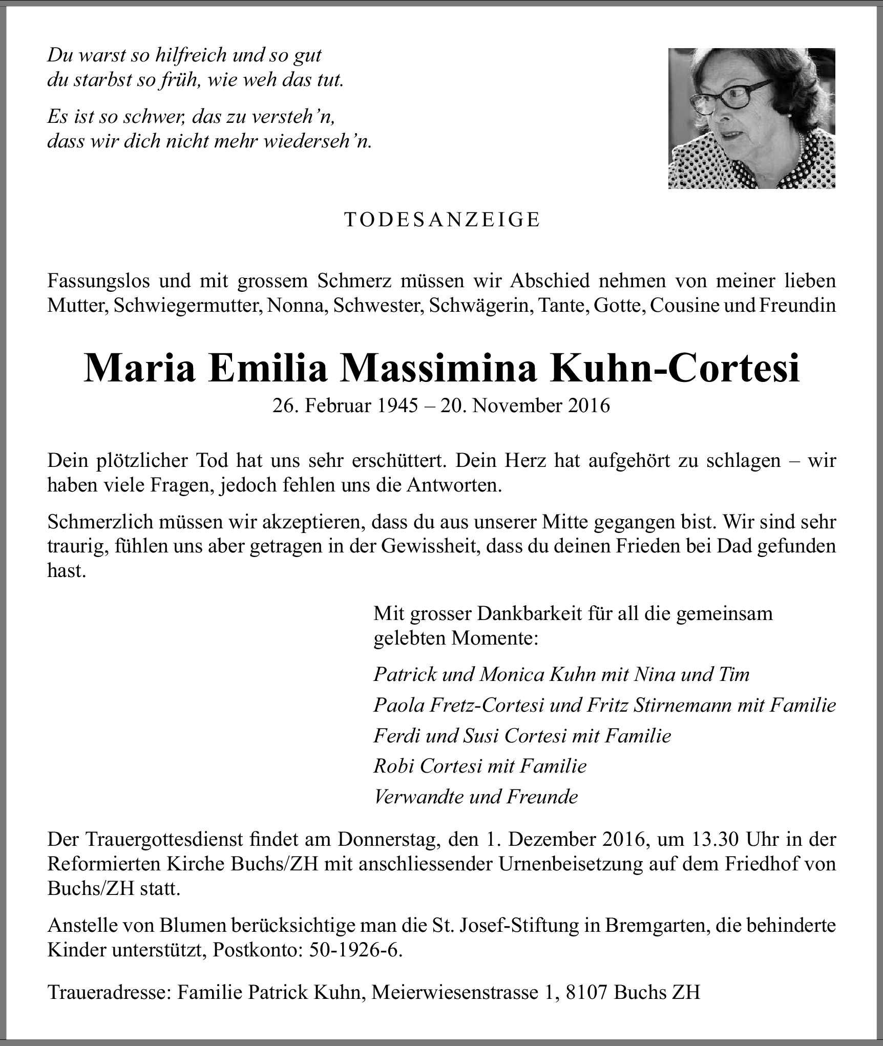 Maria Emilia Massimina Kuhn-Cortesi | Hommages