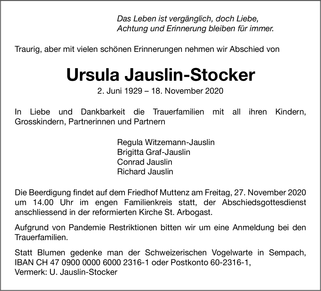 Ursula Jauslin-Stocker | Hommages