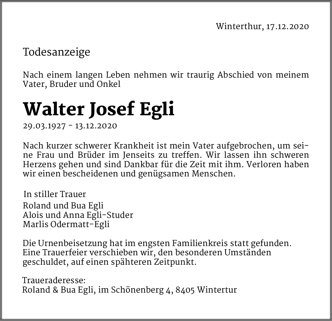 Walter Josef Egli | Hommages
