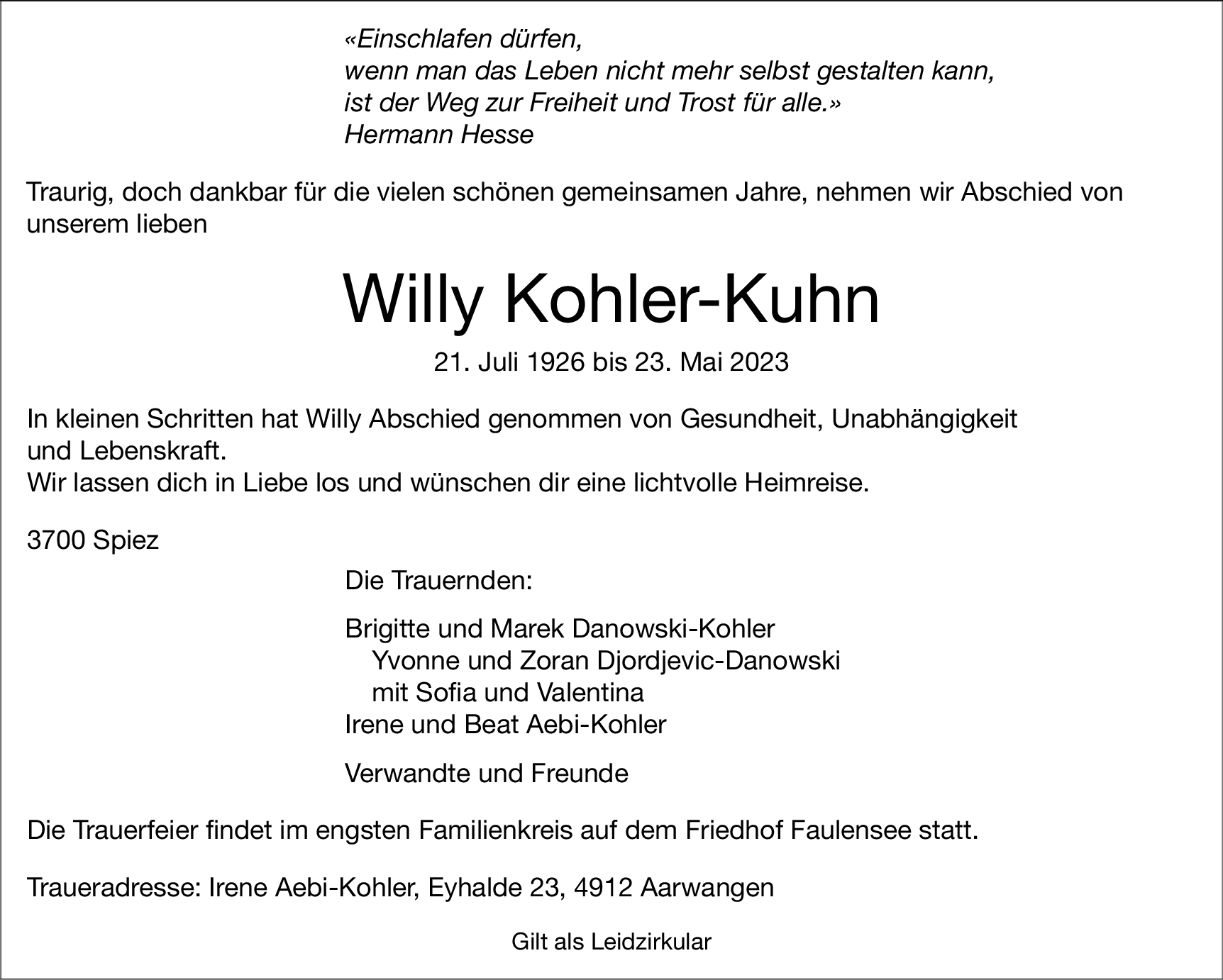 Willy Kohler-Kuhn | Hommages