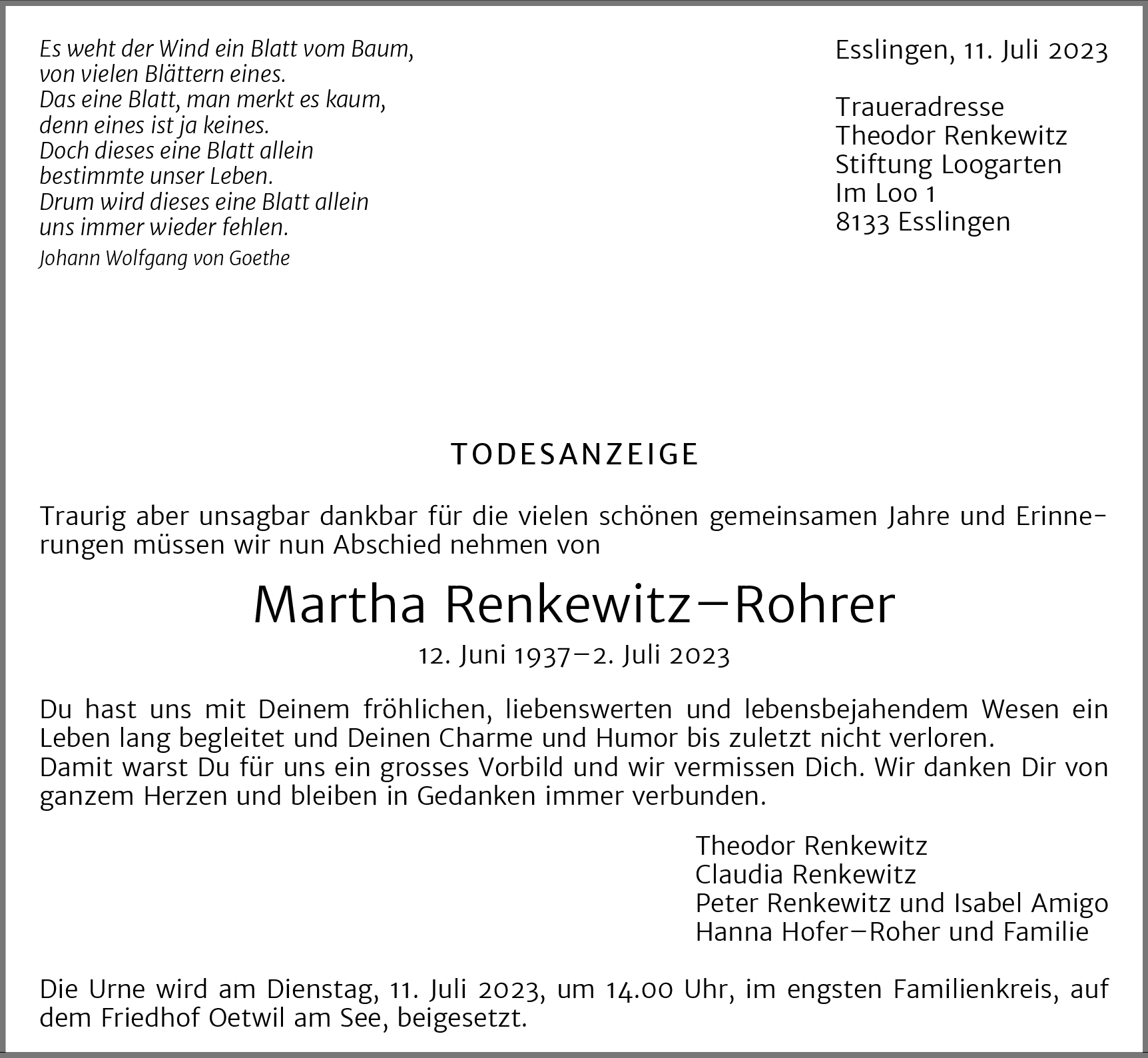 Martha Renkewitz-Rohrer | Hommages