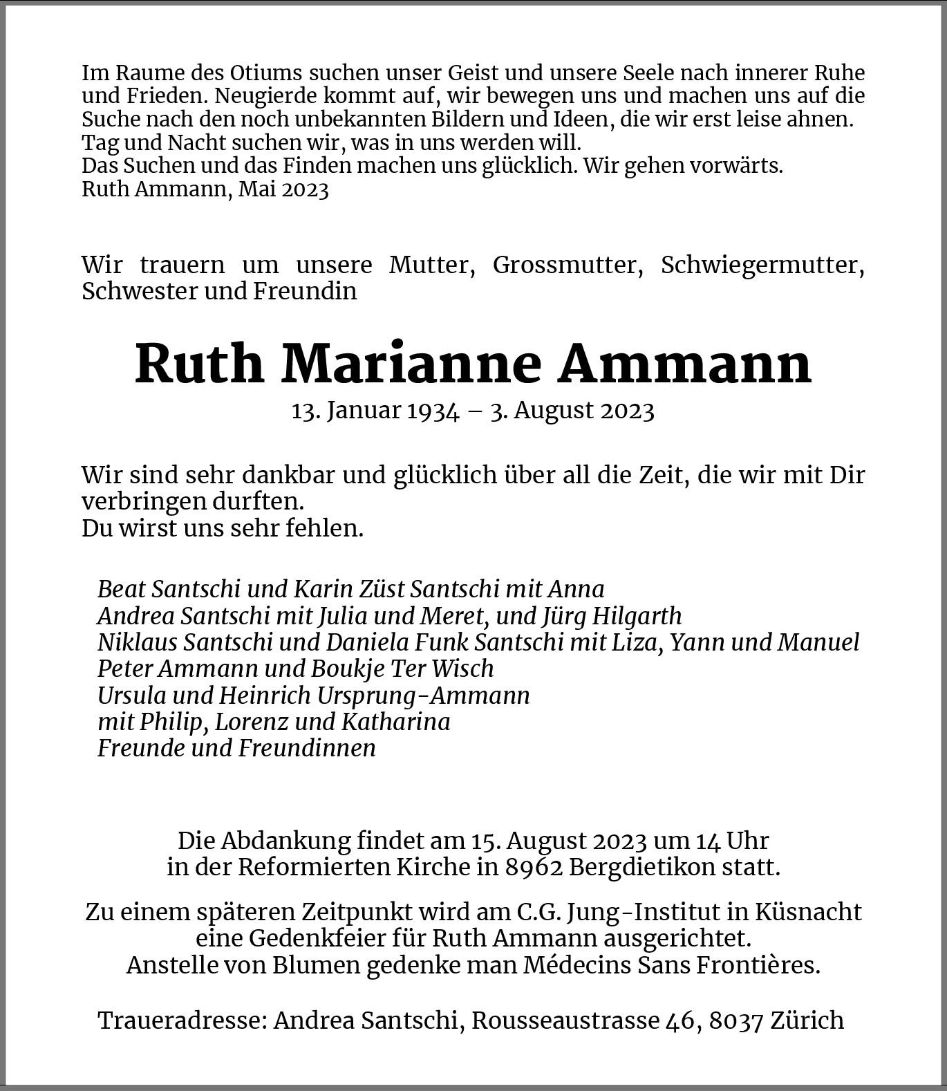 Ruth Marianne Ammann | Hommages